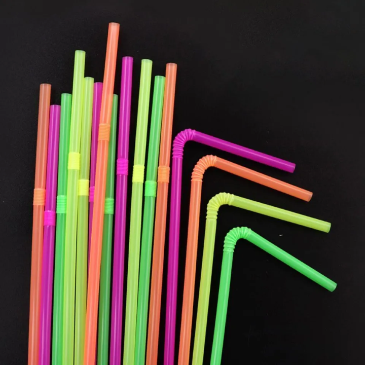 100 x Straws Flexible Bendy Drinking Straw Neon Coloured Birthday Party ...