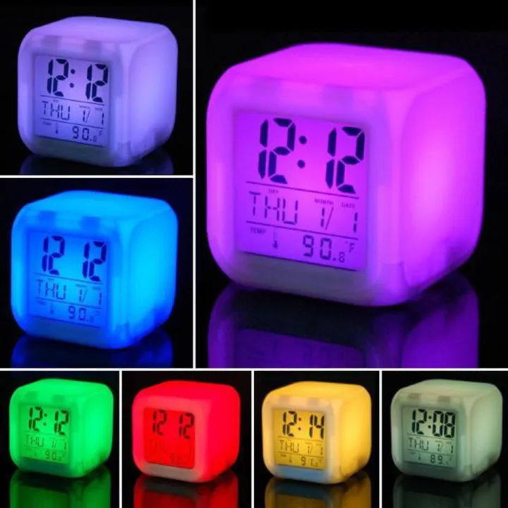 Digital Alarm Clock , Light Up Cube Alarm Clock 7 Colors Change ...
