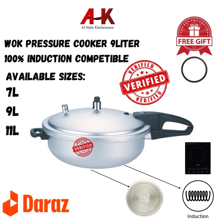 Induction Base Pressure Cooker 9 Liter Wok Style Heavy Duty Aluminum ...