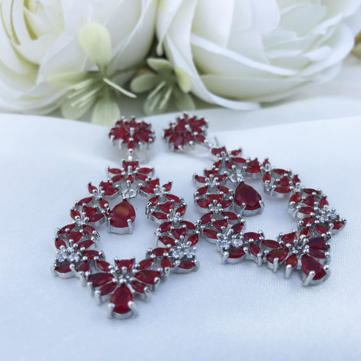 Elegant Ruby Red Crystal Dangle Earrings for Women – Luxury Flower ...