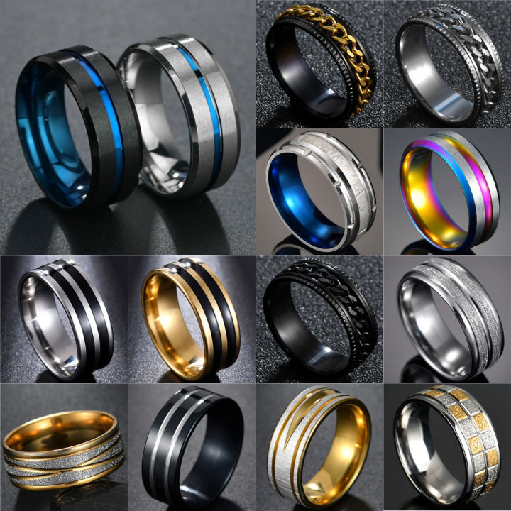 Men's Fashion 8MM Black Brushed Ladder Edge Stainless Steel Ring Blue ...