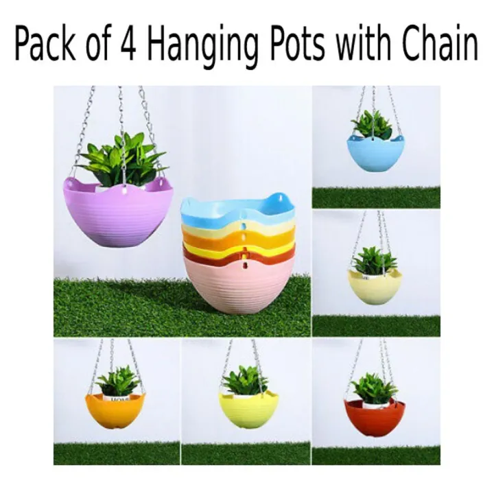 Pack of 4 Hanging Pots with Chain Hangers Planters Plastic Gardening ...