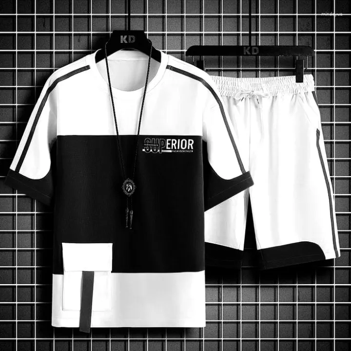 EZI-White Printed Short Tracksuit With Contrasted Pannels For Men ...