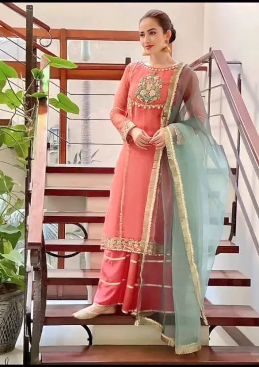 3 Piece Fancy Unstitched Suit for girls - Organza molty work Shirt and ...