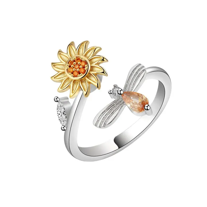 Jewelry Gifts Crystal Women Rotate Freely Sunflower Rotating Ring ...