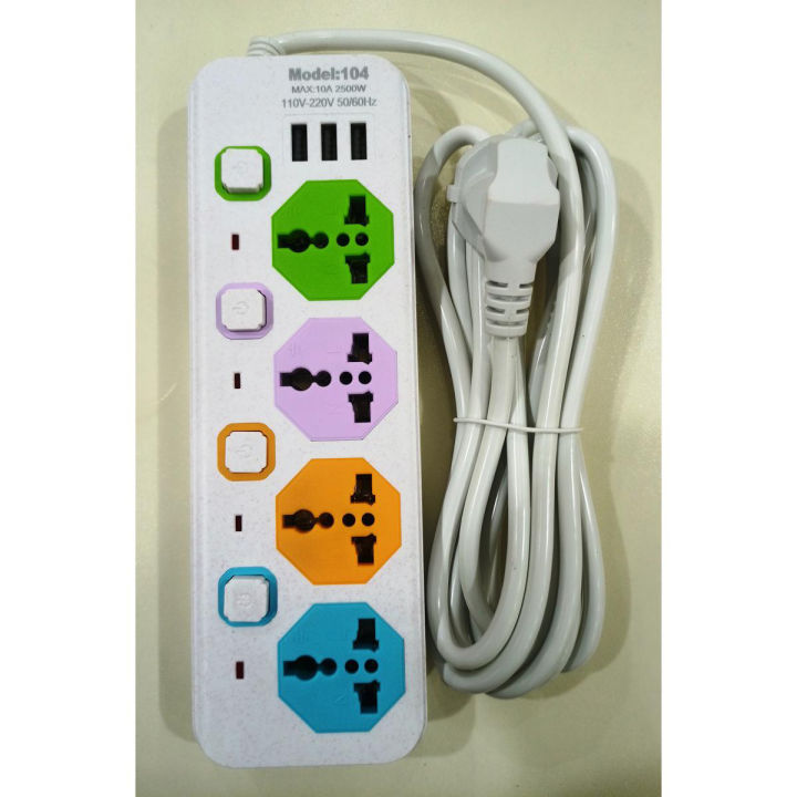 4 way power Strip / Extension Lead board with 3 USB Ports and 4 Sockets ...