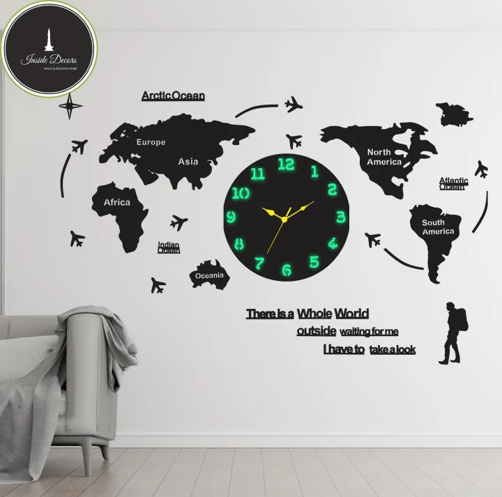 INSIDEDECORS World Map Glow in The Dark Wall Clock – Unique 2-Tone ...