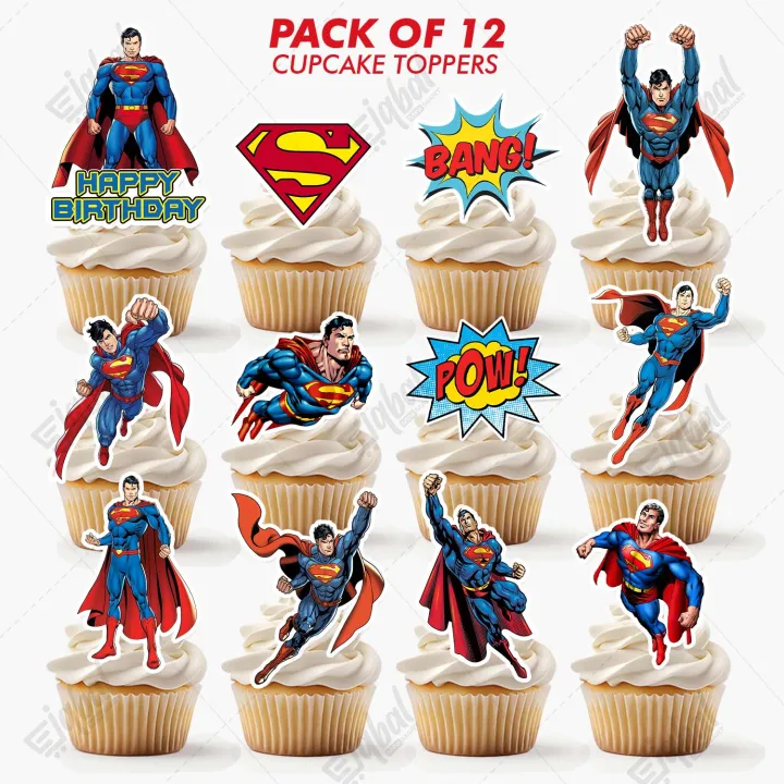 Superman Theme Cupcake Toppers, Pack of 12 Birthday Toppers for Boy ...