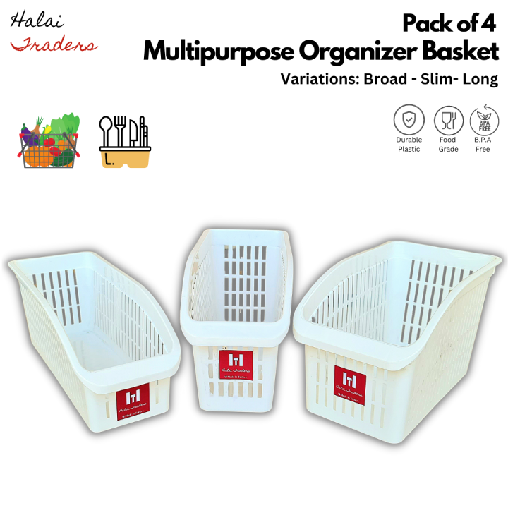 Plastic Basket- Pack of 4- Fruits Vegetable Storage, Compact Kitchen Organizer, Picnic Basket ...