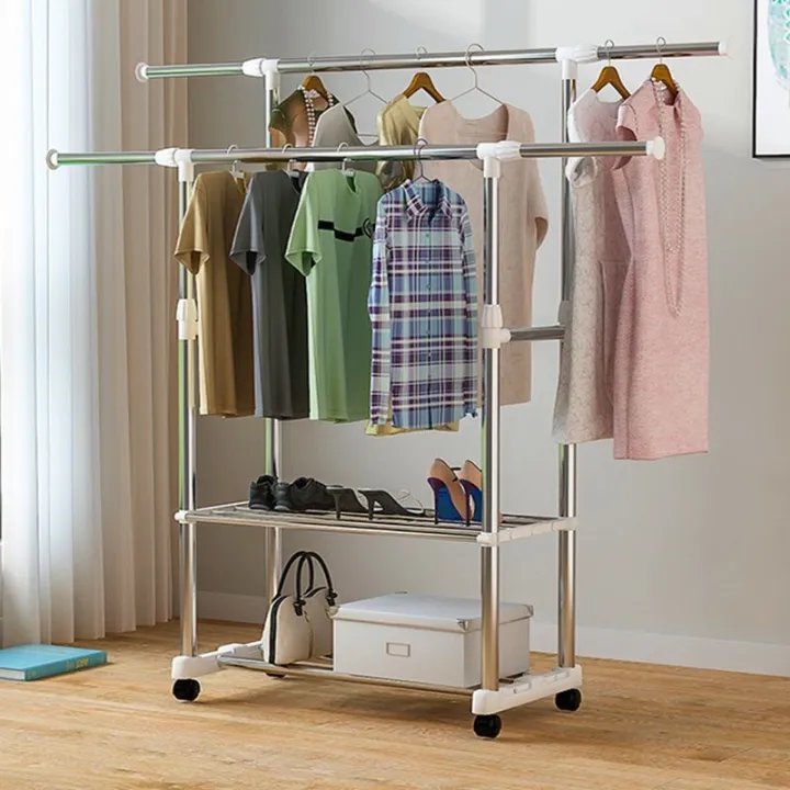 Multipurpose & Adjustable Stainless Steel Double Pole Cloth Hanger with ...