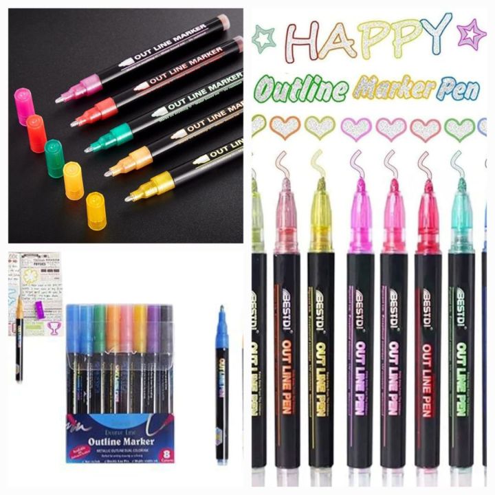 8 Colors Double Line Outline Pens Outline Metallic Markers Glitter Pens ...