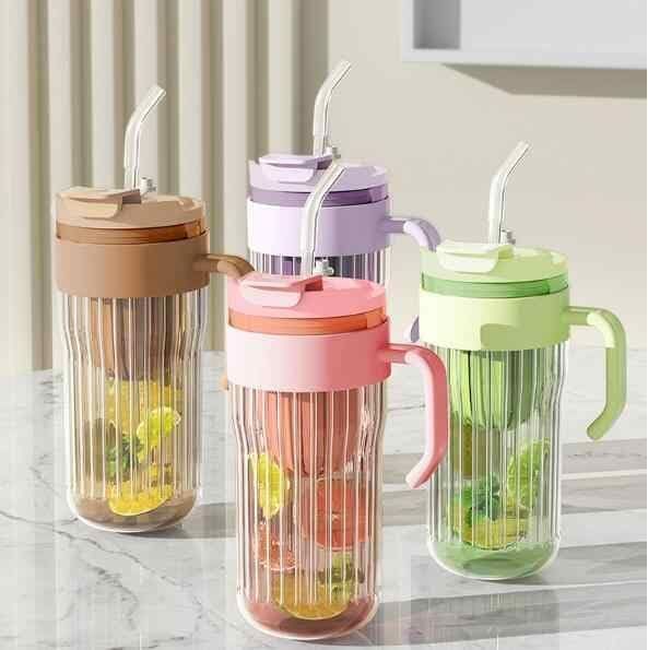 580ML Stripe Glass Tumbler with Lid and Straw Drinking Glass Water ...
