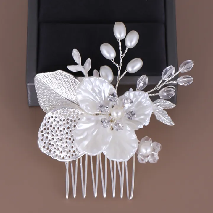FS135 White Flower Alloy Hair Comb with Imitation Pearl and Crystal ...