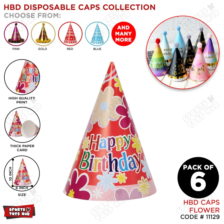 Pack Of 6 Happy Birthday Printed Flower Caps Collection Cone Caps, HBD ...