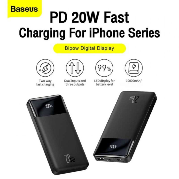 Baseus Bipow Digital Display Power bank 20000mAh 20W 2xUSB, USB-C, Micro Black | Daraz.pk