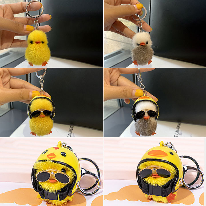 Funny Plush Yellow Duck Keychain With Helmet Key Ring Bag Car ...