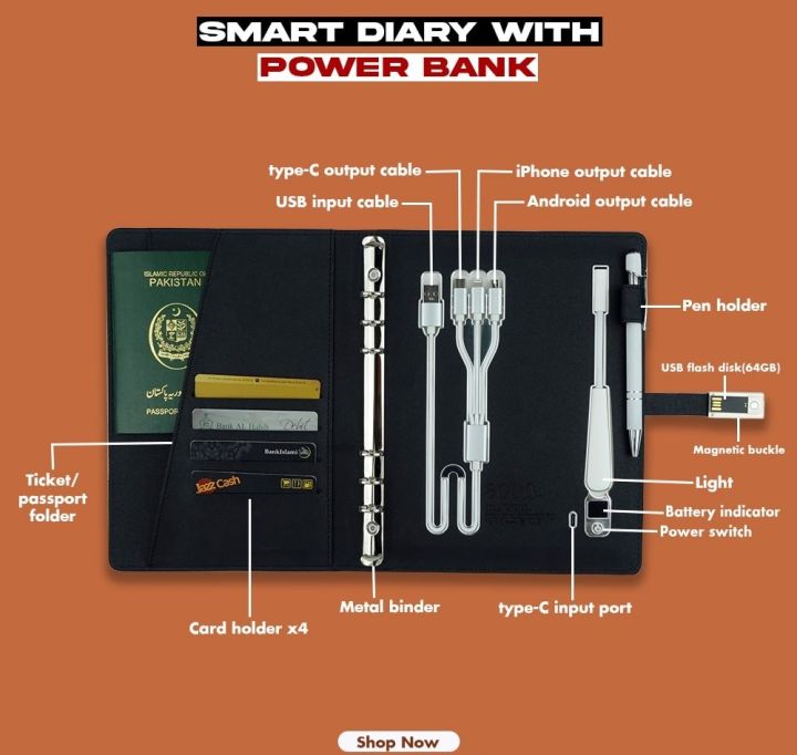 Smart Diary With Wireless Power Bank | 32GB USB Drive | Lamp | Passport ...