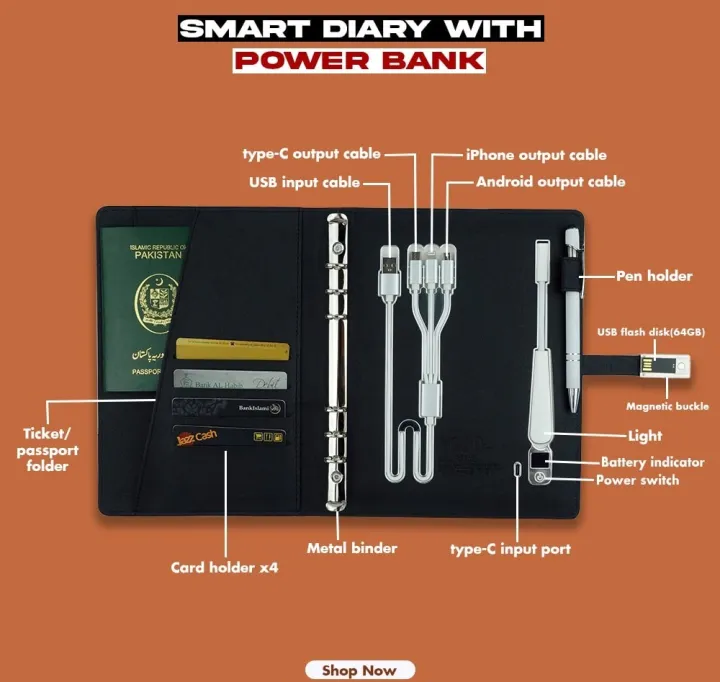 Smart Diary With Wireless Power Bank | 32GB USB Drive | Lamp | Passport ...