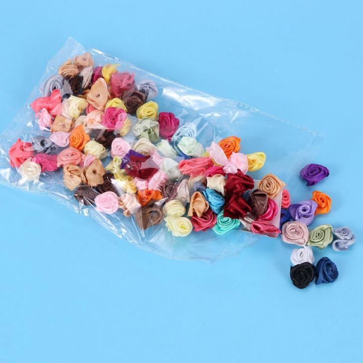 200PCS/Lot Mini Handmade Satin Rose Ribbon Fabric Flower Appliques ...
