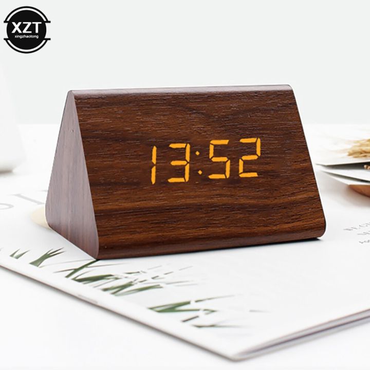 Digital Clock LED Wooden Alarm Clock Table Sound Control Electronic ...