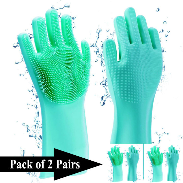 2 Pairs Kitchen Magic Silicone Dishwashing Gloves with Cleaning Scrub ...