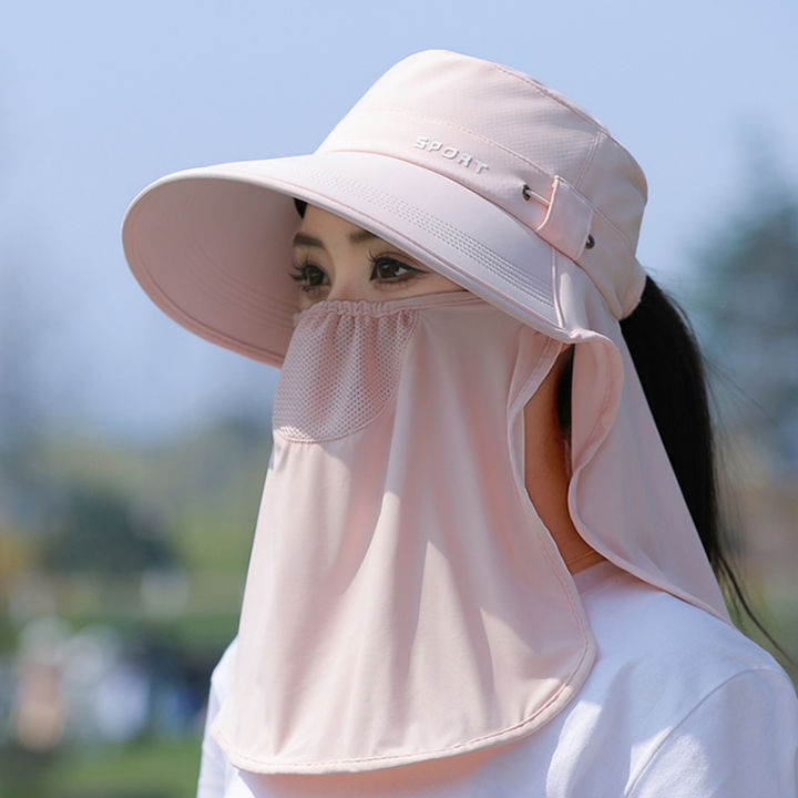 Women Wide Brim Face Mask Sun Hat Detachable Neck Face Flap Ponytail UV ...