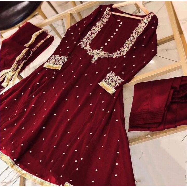 Heavy Embroidered 3 PC Stitched Frock With Trouser & Dupatta For Her ...