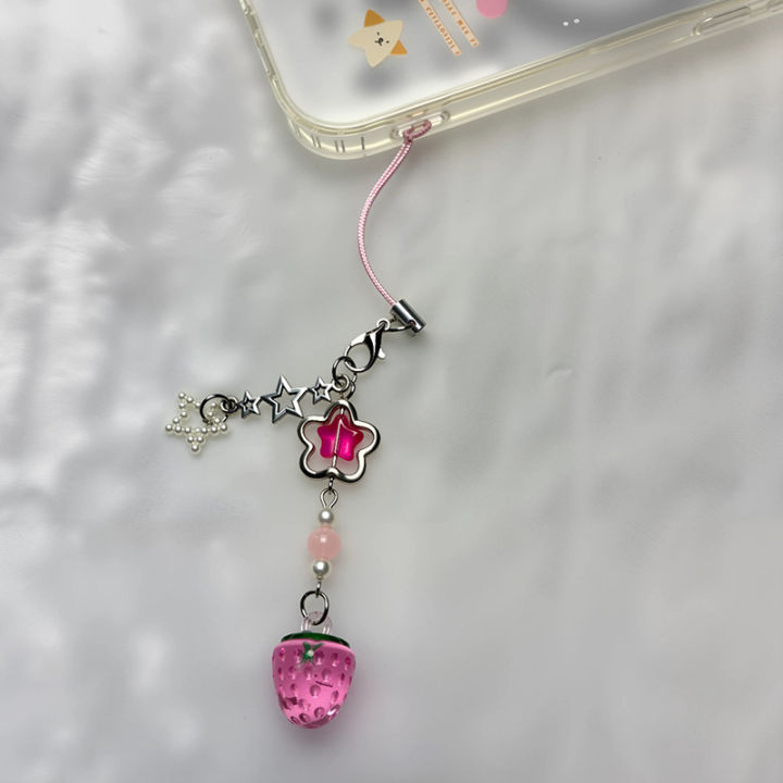 Cute Strawberry Phone Charm Lanyard Phone Chain Beaded Keychain Bag ...