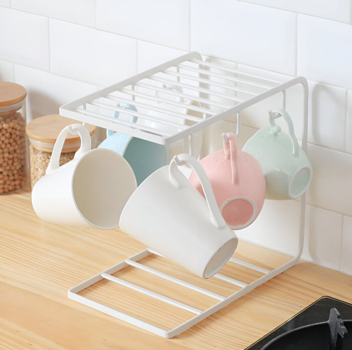 Iron Coffee Rack Organizer with 6 Hooks Stainless Steel Cup and Plate ...