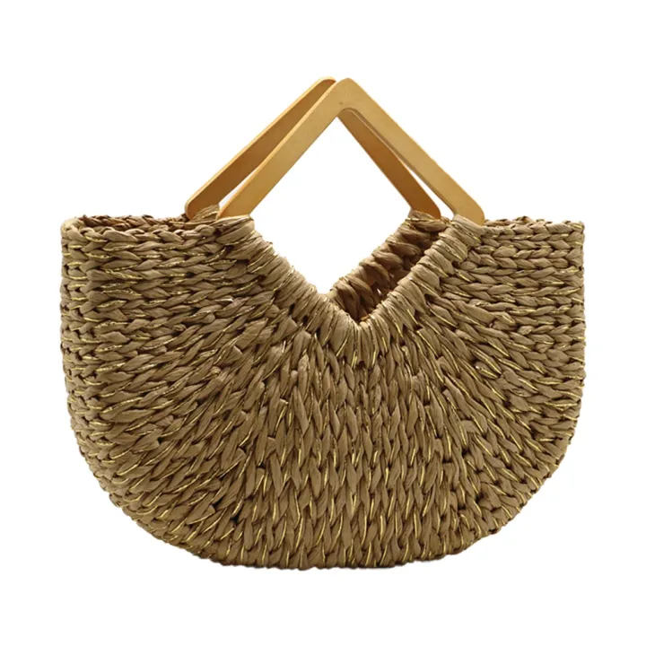Square Wooden Handle Half Moon Straw Tote Bag Girls Design 2026 | Daraz.pk