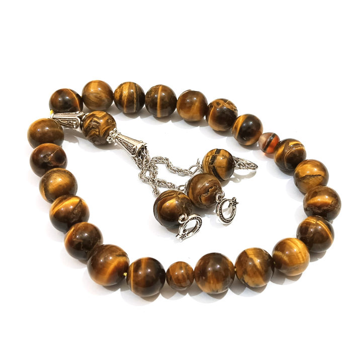 12mm Natural Stone Tiger Eye Stone Tasbeeh 21 Beads with metal chain ...