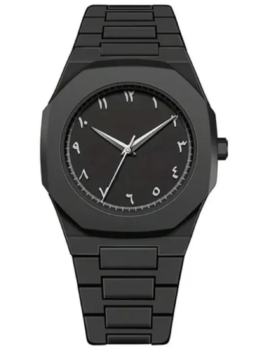 1. “This is a premium black wristwatch featuring elegant Arabic ...