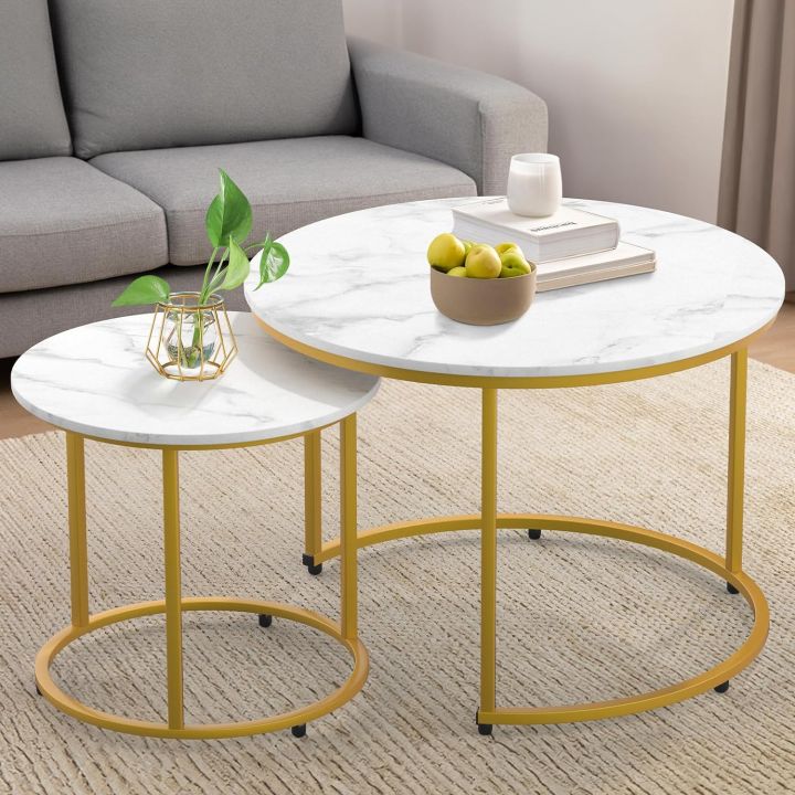 Coffee Table Set of 2, 23.6” Industrial Circle Wooden Small Table ...