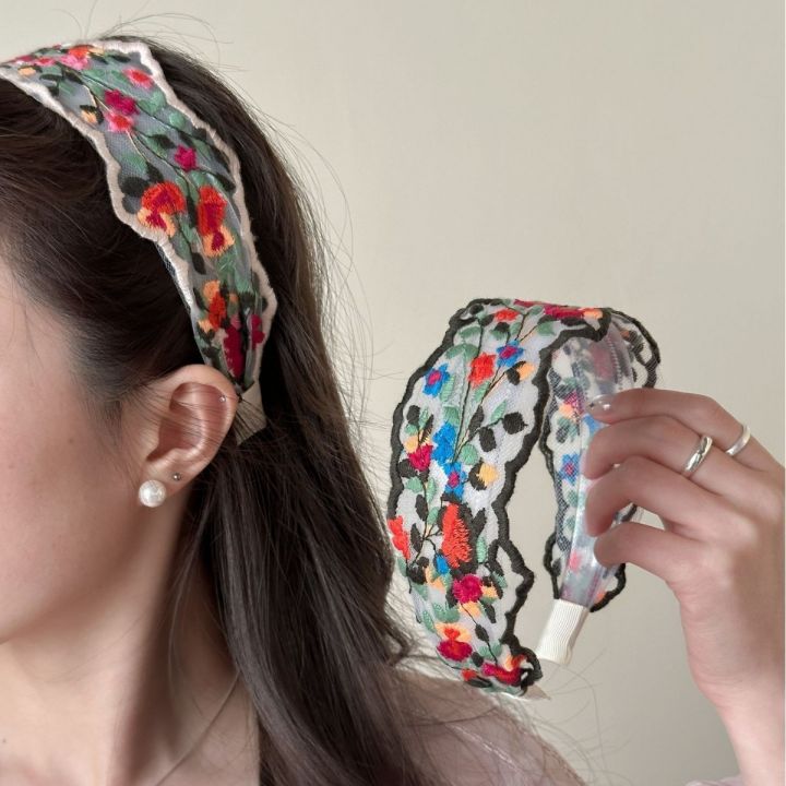 Spring and summer French retro style flower embroidered headband for ...