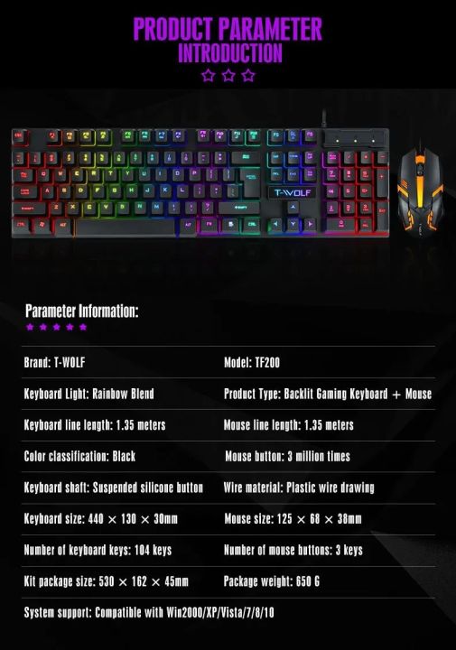RGB Gaming Keyboard and Mouse Kit Backlit USB Wired Computer Keyboard ...