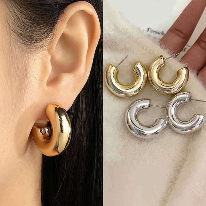 New Retro Metal Chunky C Shape Hoop Earrings Glossy Gold Color Round ...
