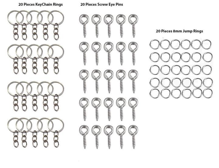 60 Piece Keychain Rings with jump rings and Screw eye pin set ...