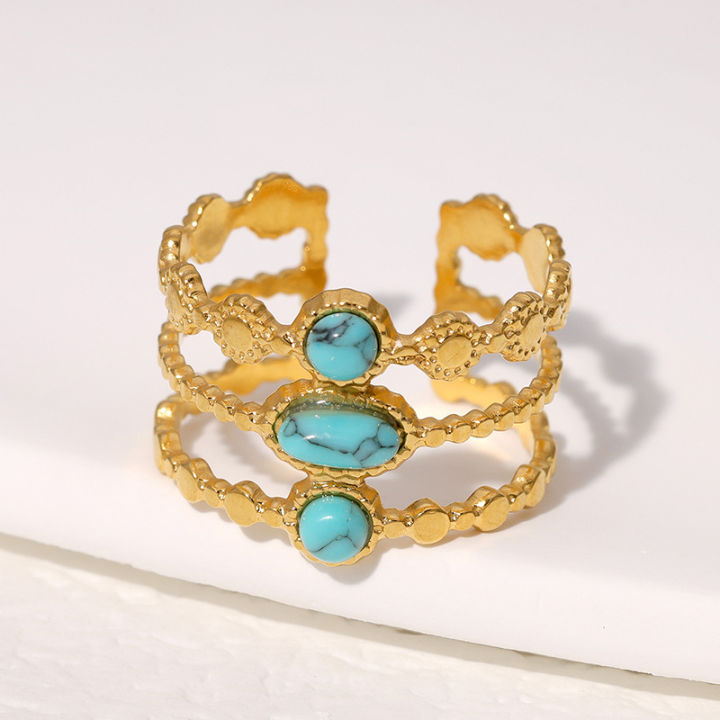 Beimai OEM ring Vintage titanium steel turquoise natural stone open ...
