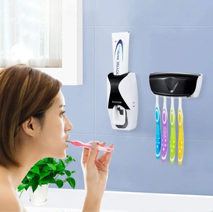Toothpaste Dispenser with 5 brush holder Mounted Automatic Hands Free ...