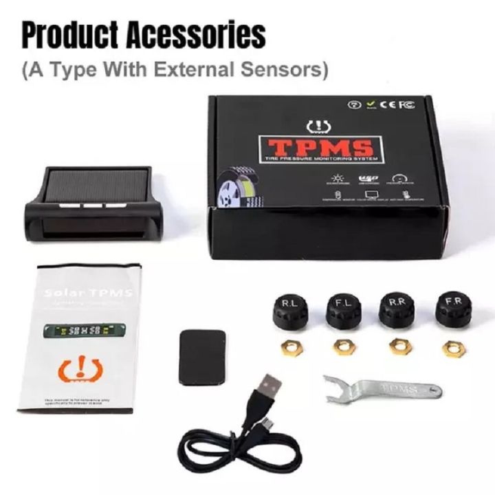 TPMS Tire Pressure Monitor System Alarm 4 External Sensor Temperature ...