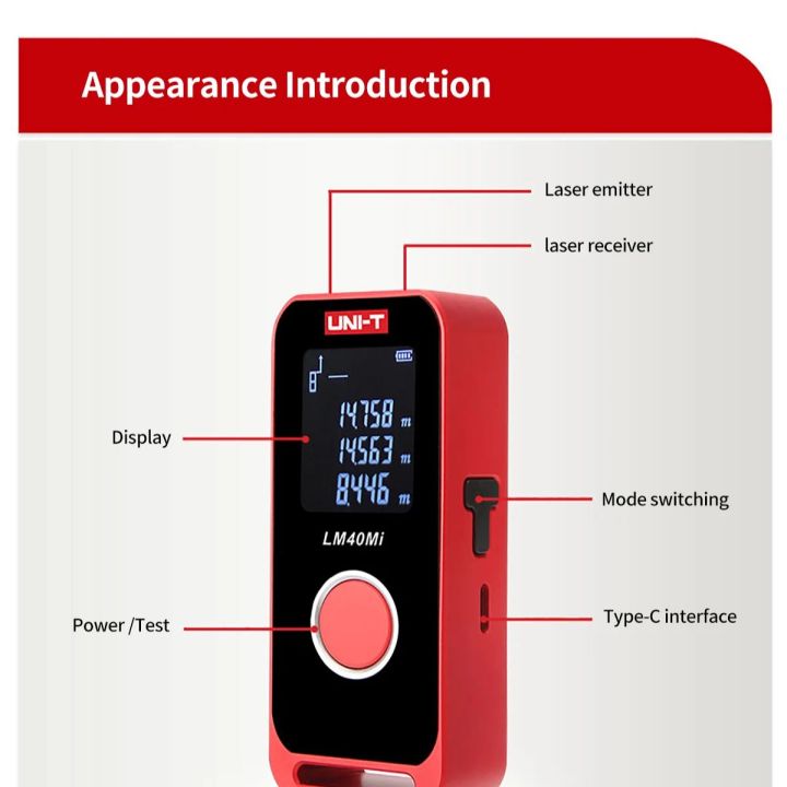 UNI-T Laser Distance Meter 40m Mini Rangefinder Digital Laser Tape ...