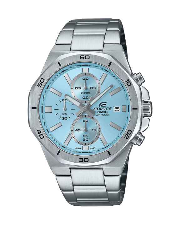 Casio Edifice Standard Mens Silver Stainless Steel Case Round Analog Date Chronograph Multi ...