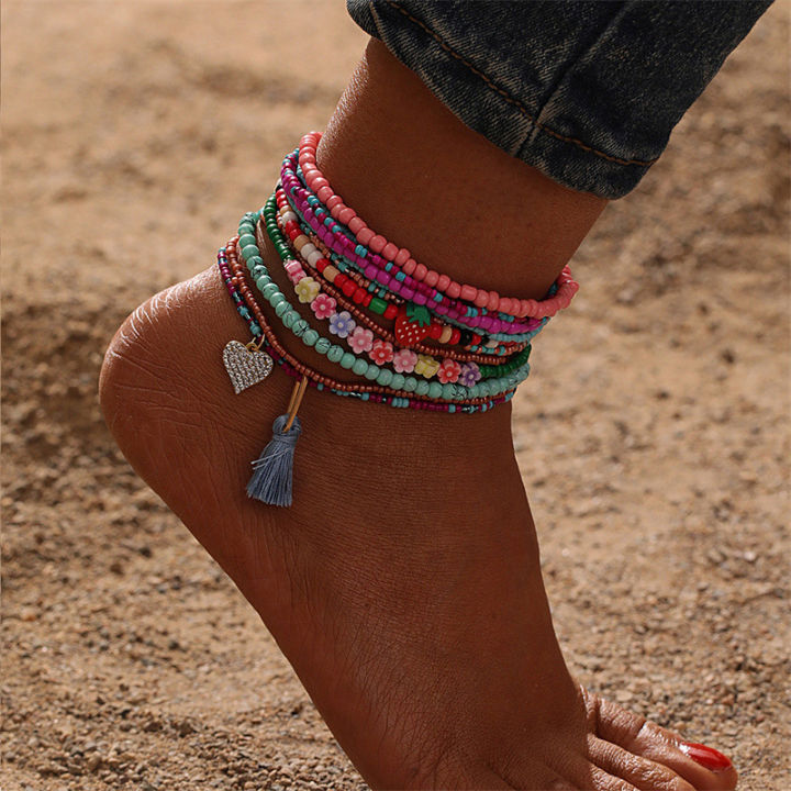 Temu beach style anklet set, hand-woven beaded anklet, strawberry love ...