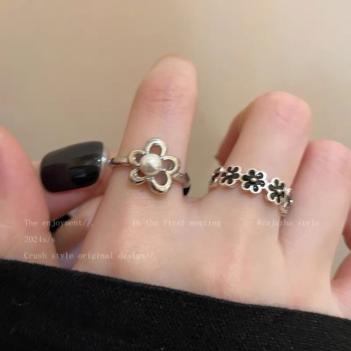Black glaze pearl small flower open ring female retro index finger ring ...