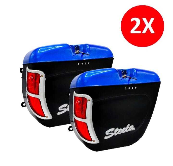 2-pcs Motorcycle Side Boxes Black with Blue Cap| Tourist Box With LED ...