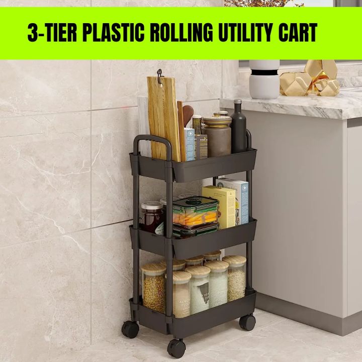 3-Tier Kitchen Organizer | Plastic Rolling Utility Cart with Handle ...