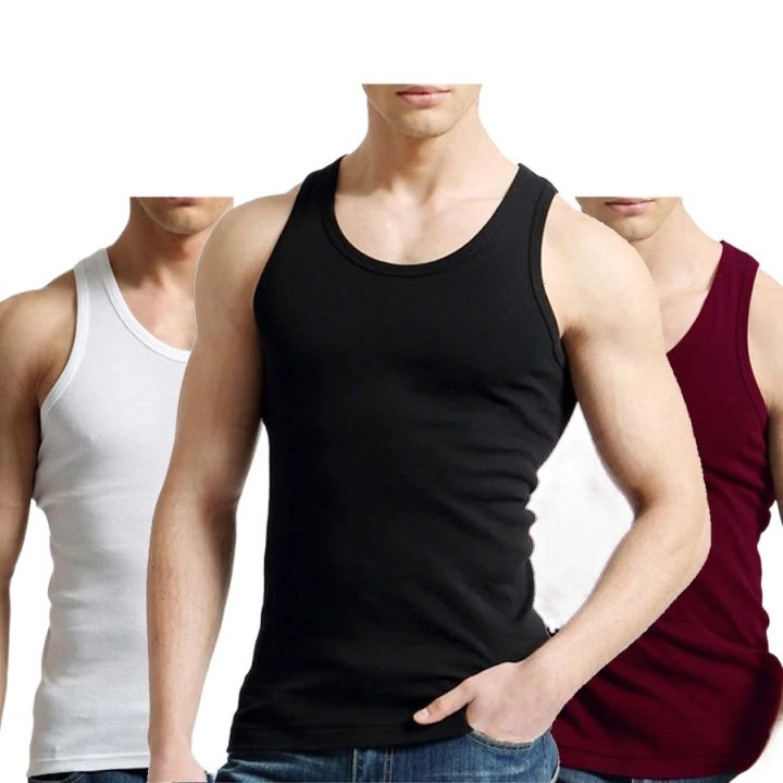 Pack of 3 Tank Tops Men 100% Cotton Solid Vest Male Breathable ...