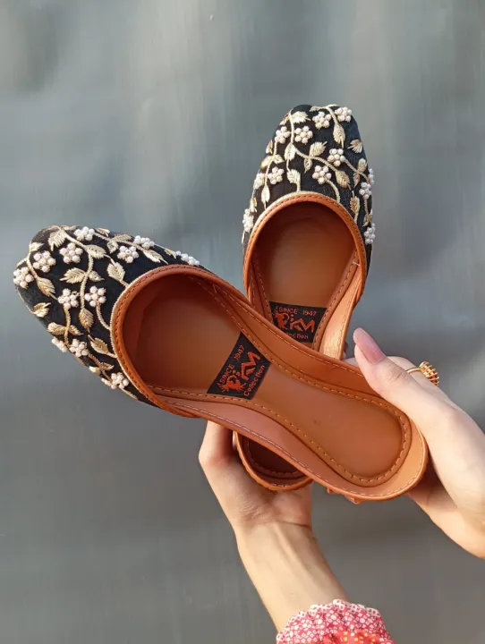 Black Khussa with Soft Padding, Embroidery, and Pearl Design | Daraz.pk