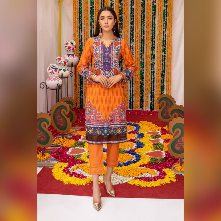 3 Piece Embroidered Linen Ajrak Suit With Chiffon Dupatta For Girls ...