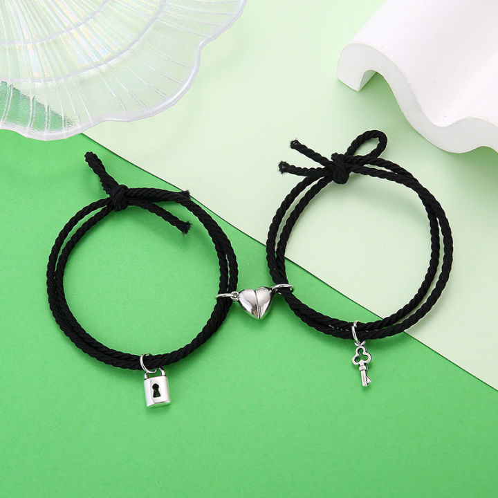 Fashion Magnet Couple Bracelets For Lovers Lock Heart Braided Rope ...